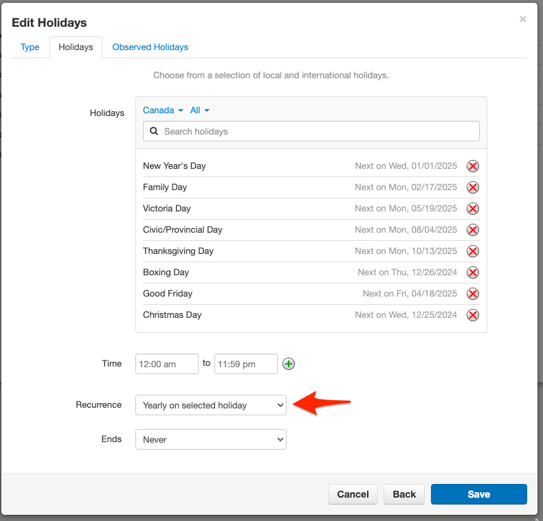 Setting up a Holiday Schedule